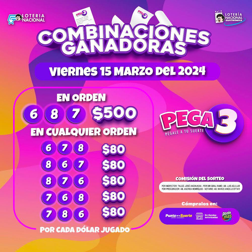 Pega3 de Ecuador- Sorteo de Pega3 del Viernes 15 de Marzo de 2024